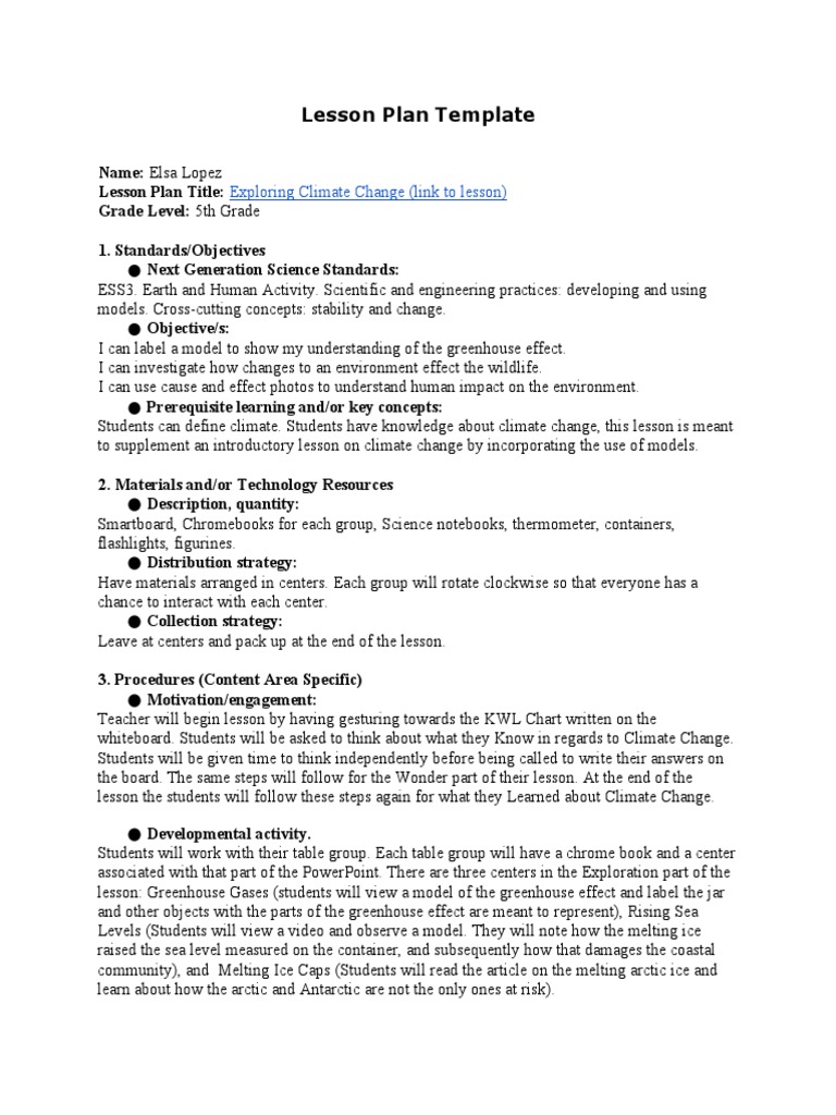Lesson Plan Template: Exploring Climate Change (Link To Lesson) | PDF ...