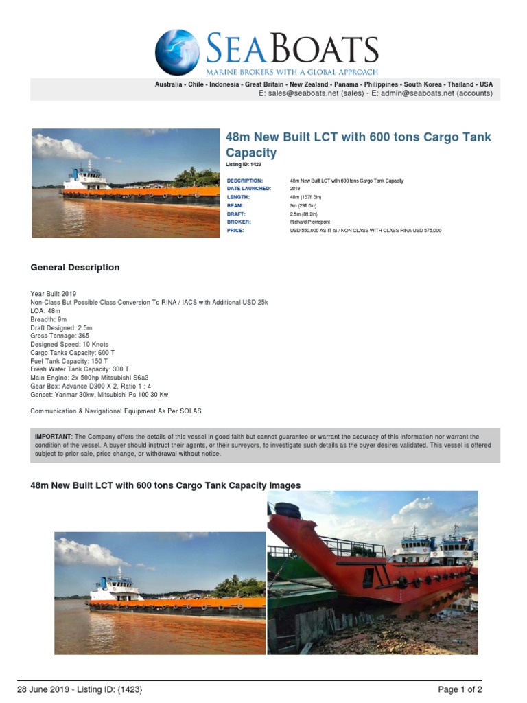 48m New Built LCT With 600 Tons Cargo Tank | PDF | Ships | Water Transport