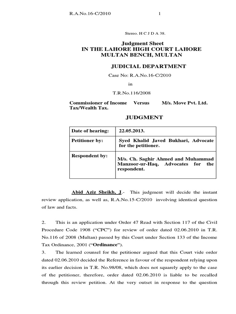 Judgment Sheet in The Lahore High Court Lahore Multan Bench, Multan ...