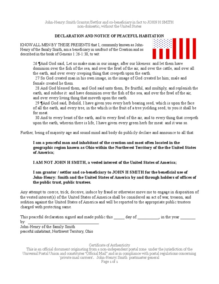Declaration of Peaceful Habitation | PDF | Common Law | Government