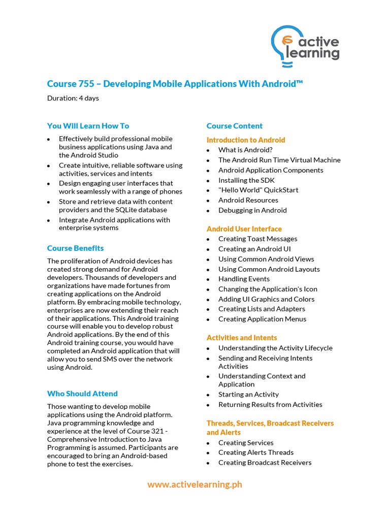 Course 755 - Developing Mobile Applications With Android™: You Will Learn How To Course Content ...