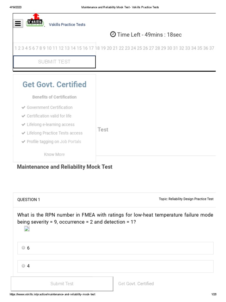 Maintenance and Reliability Mock Test - Vskills Practice Tests PDF ...