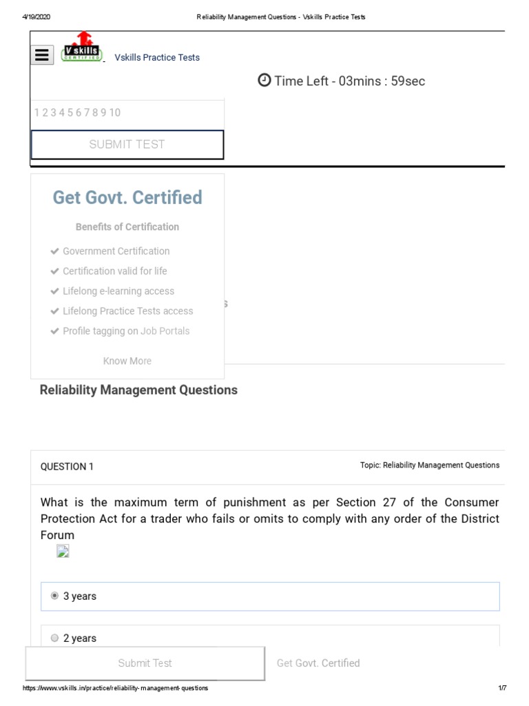 Reliability Management Questions - Vskills Practice Tests PDF | PDF ...