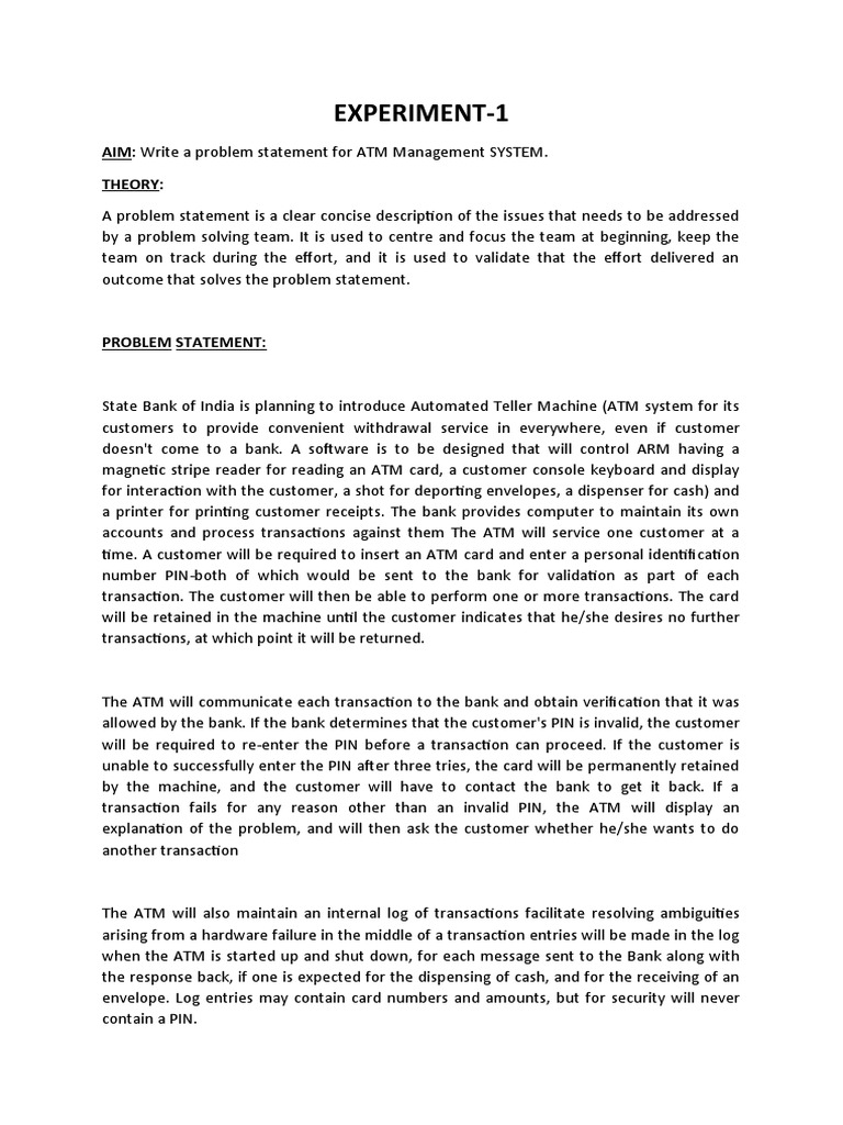 Experiment-1: AIM: Write A Problem Statement For ATM Management SYSTEM ...