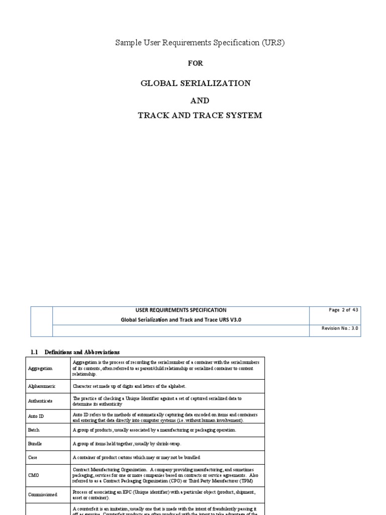 Sample User Requirements Specification (URS) : Global Serialization AND ...