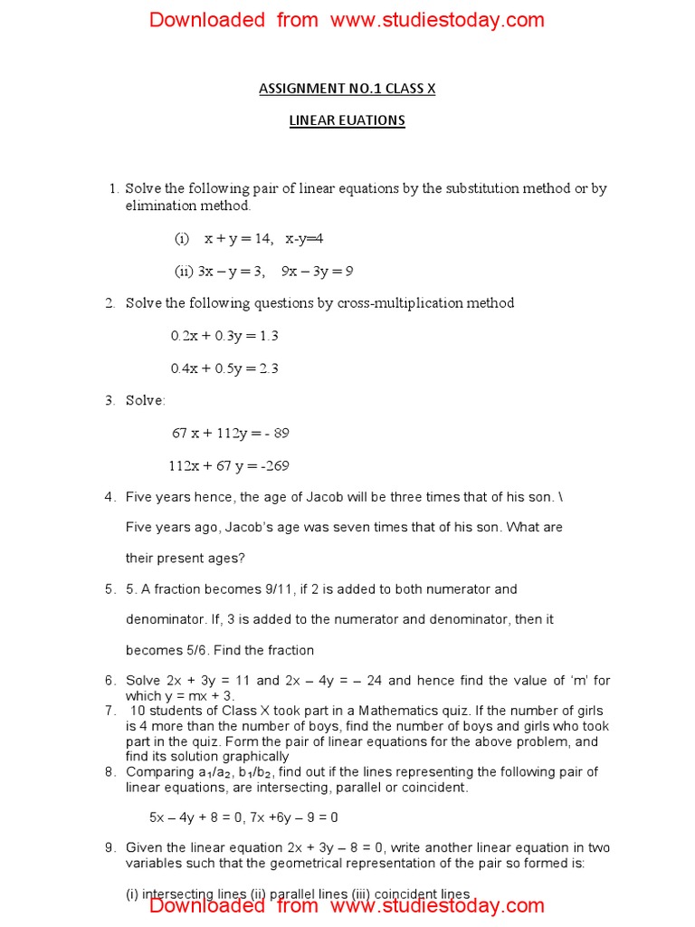 CBSE Class 10 Pair of Linear Equations in 2 Variables PDF | PDF ...