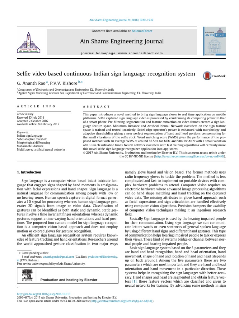 Selfie Video Based Continuous Indian Sign Language Recognition System PDF | PDF | Image ...