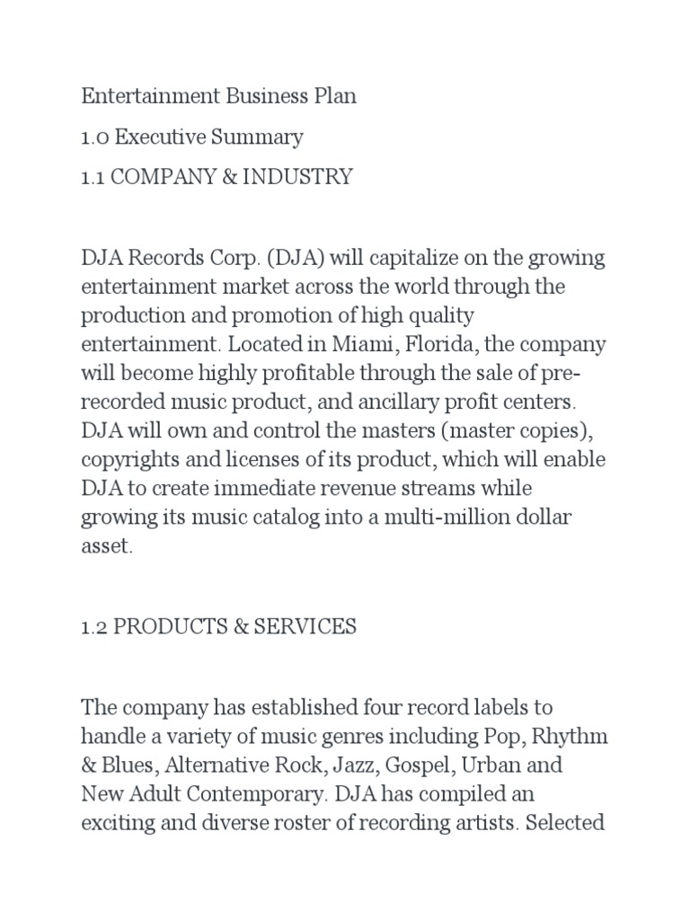 Entertainment Business Plan | PDF | Revenue | Stocks