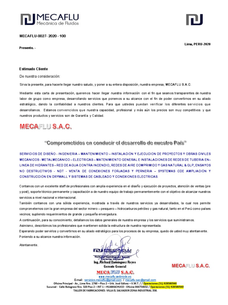 0 - CARTA Y BROCHURE DE PRESENTACION-MECAFLU - 2020 Rev. 1 | PDF ...
