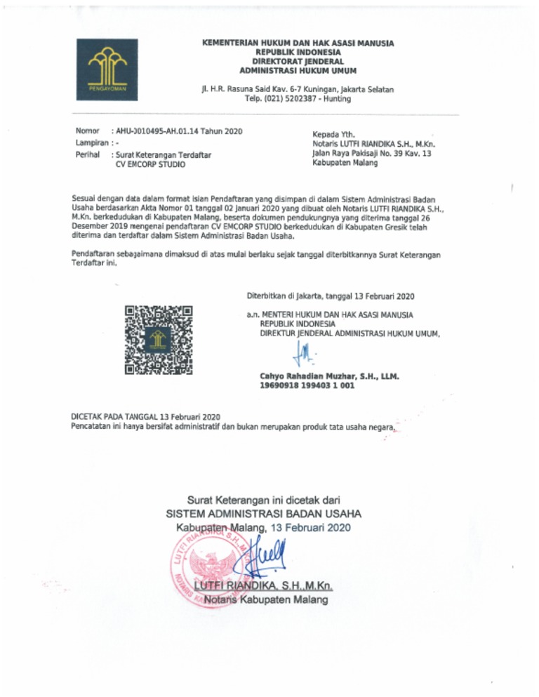 Surat Keterangan Terdaftar Kemenkumham - CV Emcorp Studio PDF | PDF Surat Keterangan Terdaftar Kemenkumham - CV Emcorp Studio PDF | PDF
