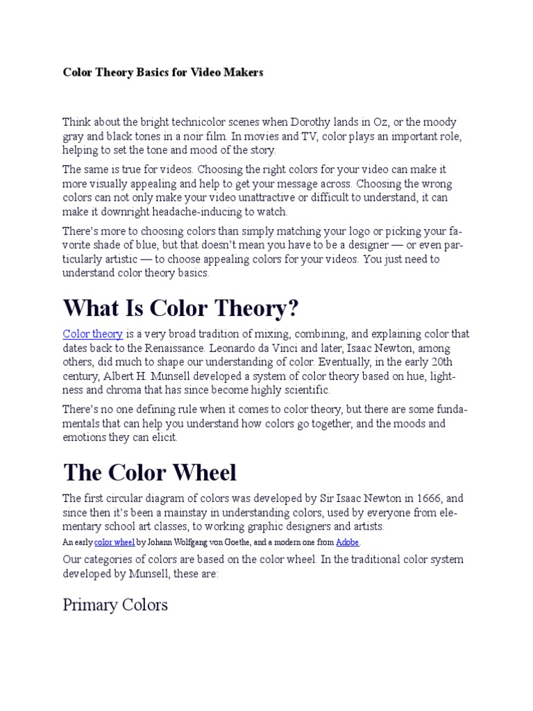 Color Theory Basics For Video | PDF | Color | Vision