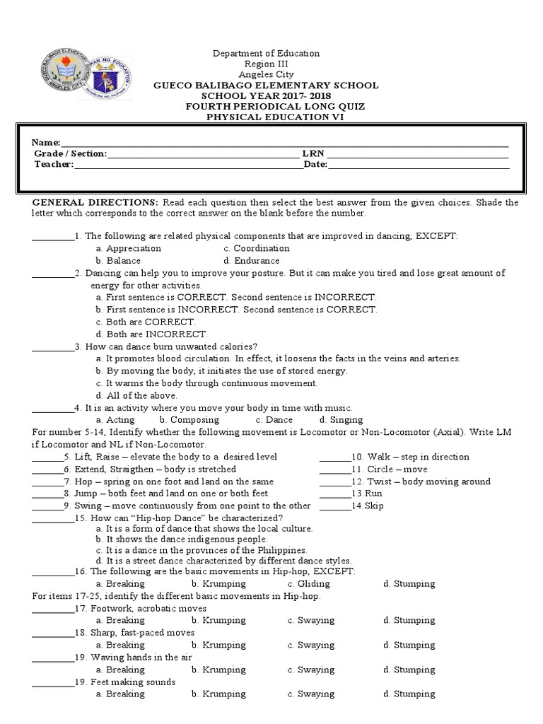 Physical Education Vi Long Quiz Fourth Grading Period 2017-2018 With ...