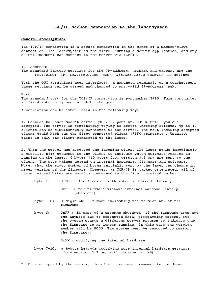 TCP/IP Socket Connection To The Lasersystem: General Description | PDF ...