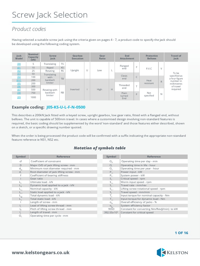 Screw Jack Selection: Product Codes | Download Free PDF | Propeller | Gear