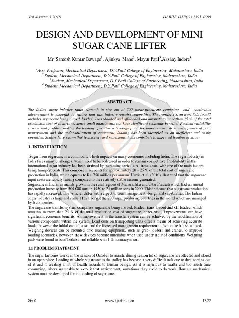 DESIGN AND DEVELOPMENT OF MINI SUGAR CANE LIFTER Ijariie8602 | PDF ...