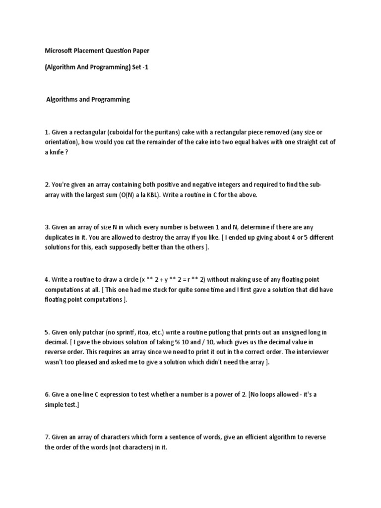 Microsoft Placement Paper 1 | PDF | Array Data Structure | Integer ...