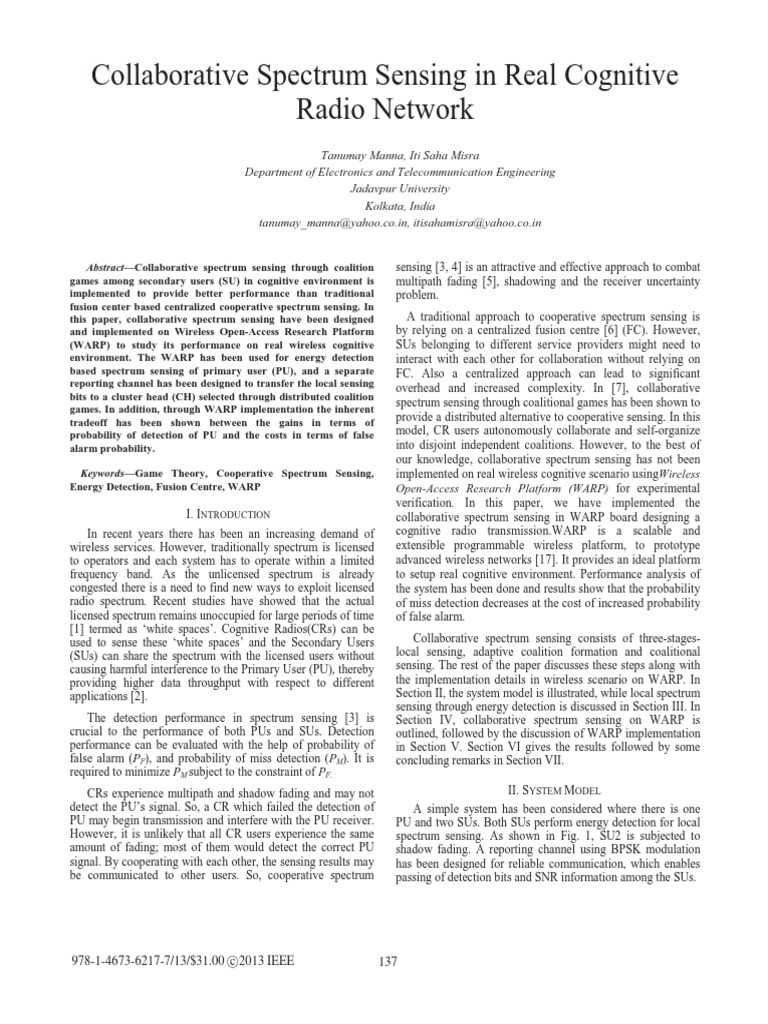 Collaborative Spectrum Sensing in Real Cognitive Radio Network | PDF | Cognitive Radio | Radio ...
