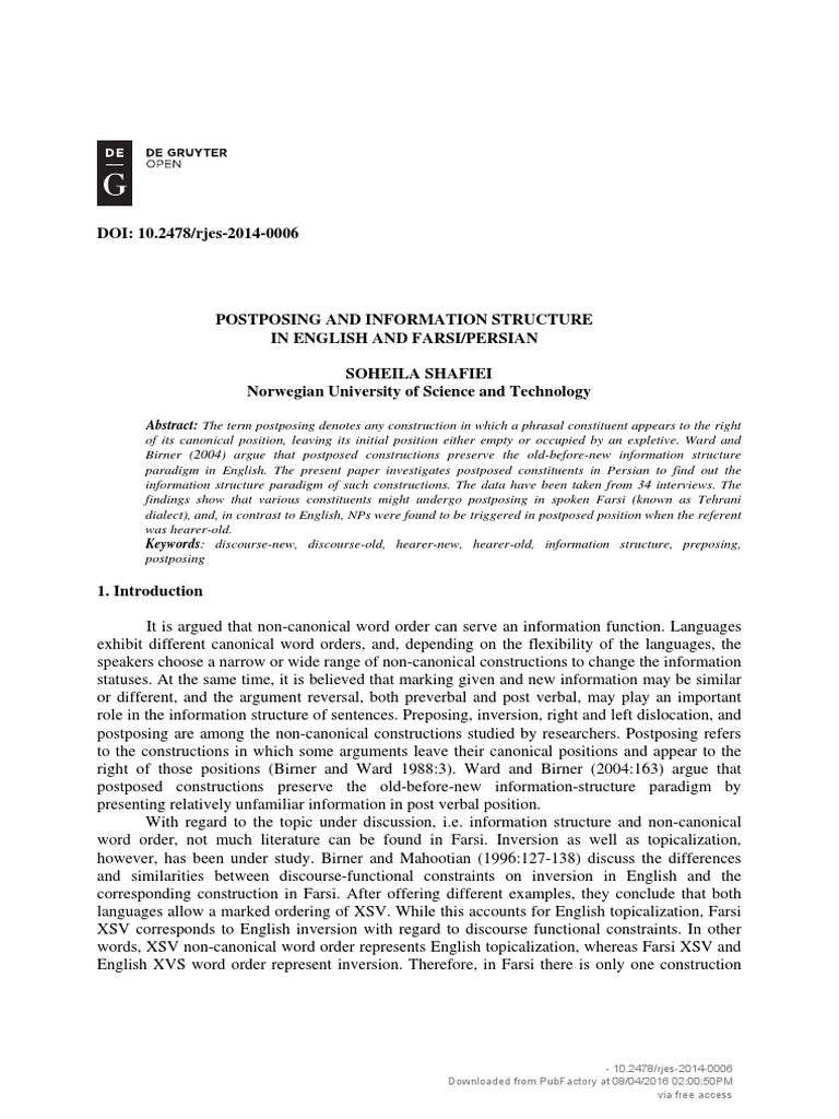 Postposing And Information Structure In English An Pdf Persian Language English Language
