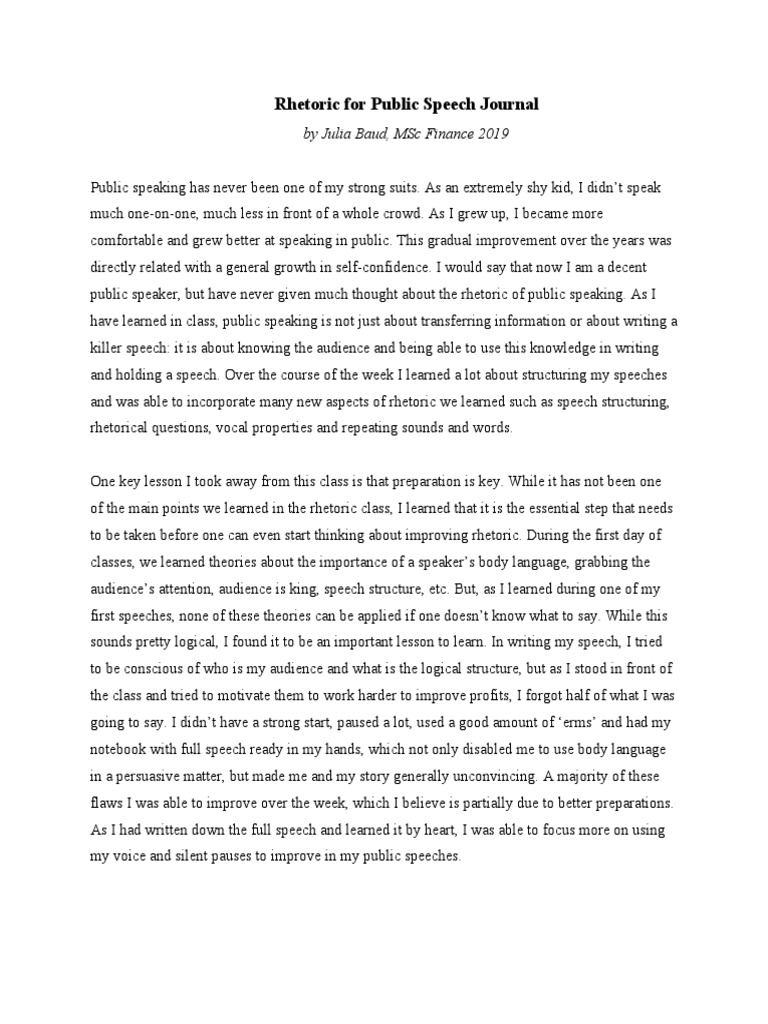 Public Speech Journal | PDF | Rhetoric | Public Speaking