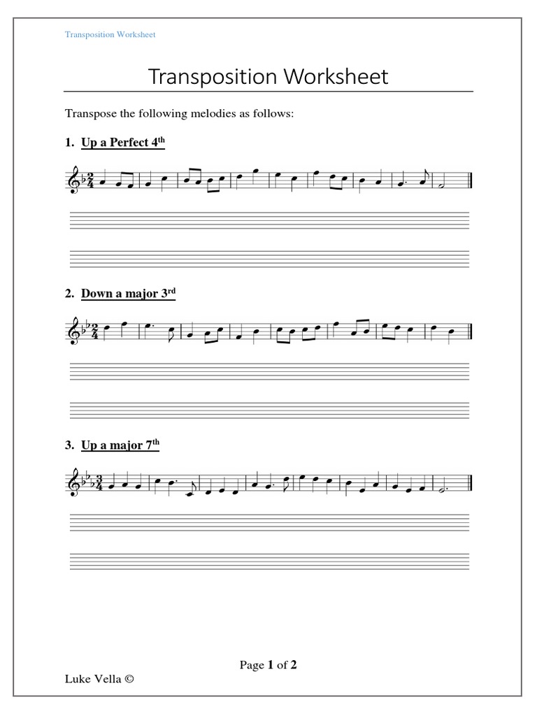 Transposition Worksheet: Transpose The Following Melodies As Follows | PDF