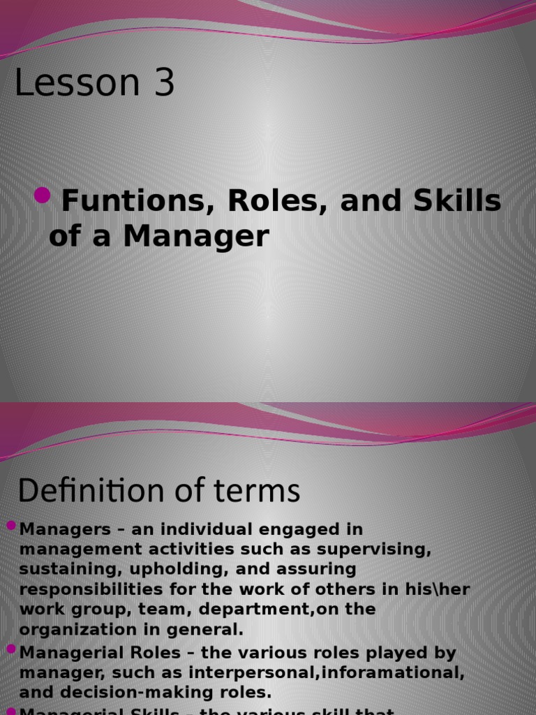 Lesson 3: Funtions, Roles, and Skills of A Manager | PDF | Leadership ...