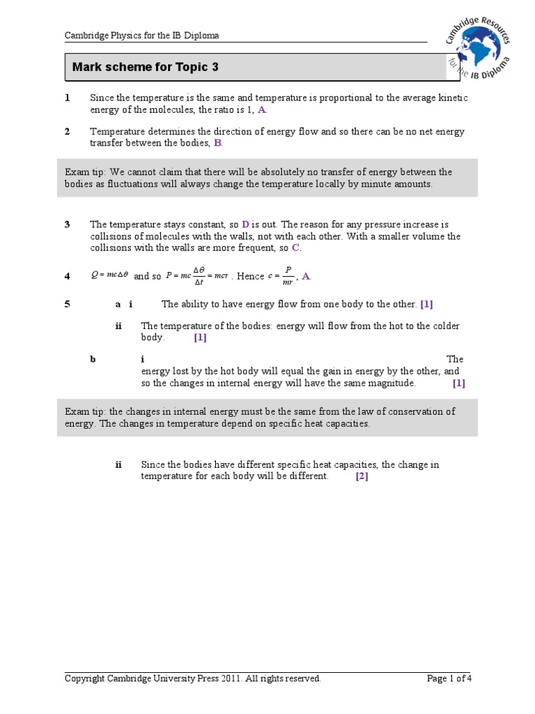 Mark Scheme For Topic 3: Cambridge Physics For The IB Diploma | PDF ...