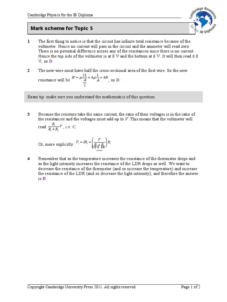 Mark Scheme For Topic 5: Cambridge Physics For The IB Diploma | PDF ...