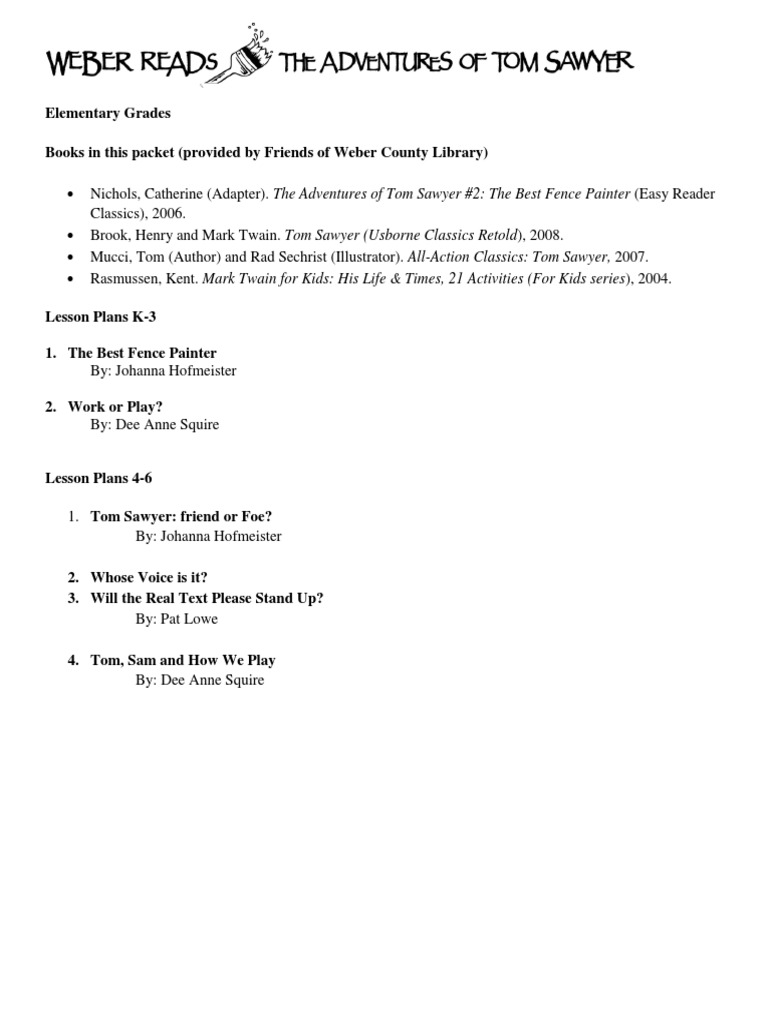 Elementary Lessons Tom Sawyer | PDF | The Adventures Of Tom Sawyer ...