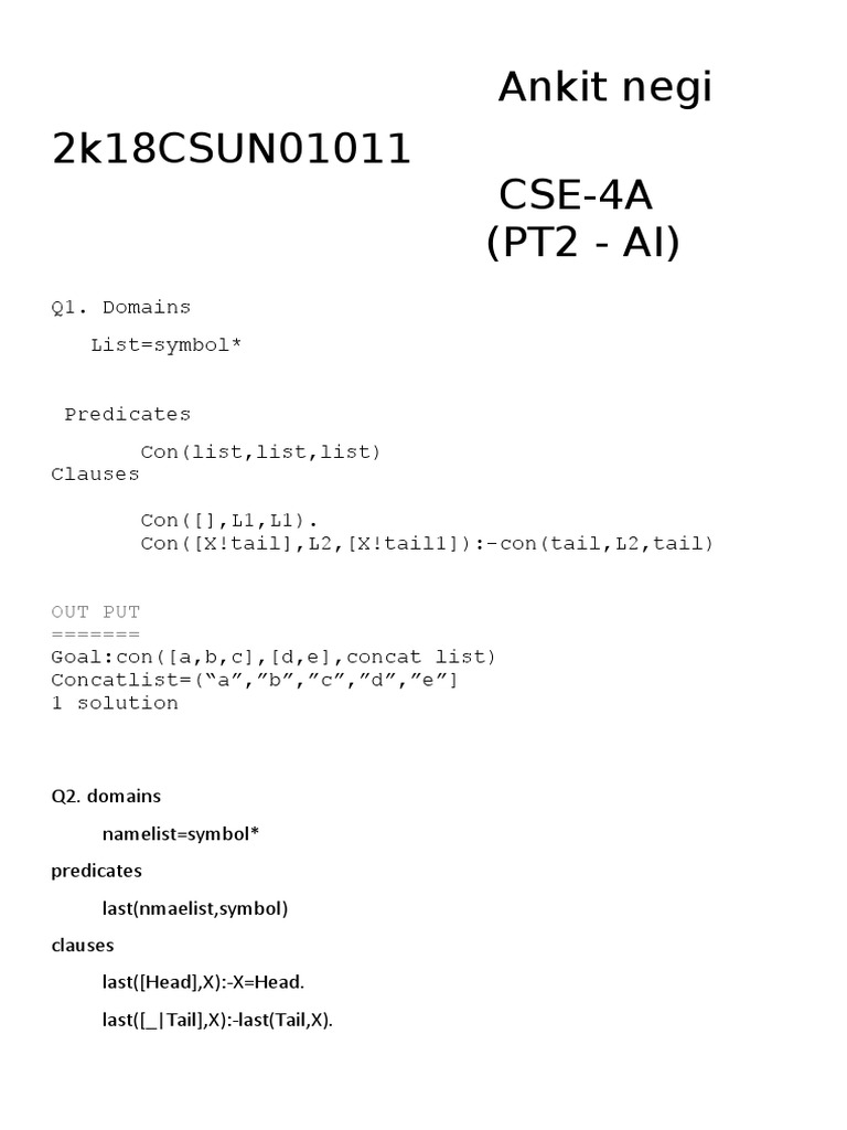 Ankit Negi 2k18CSUN01011 CSE-4A (PT2 - AI) : Out Put | PDF