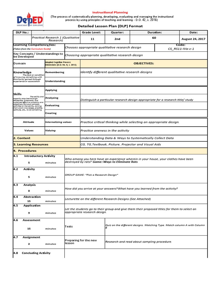Detailed Lesson Plan (DLP) Format: Domain | PDF | Qualitative Research | Research Design