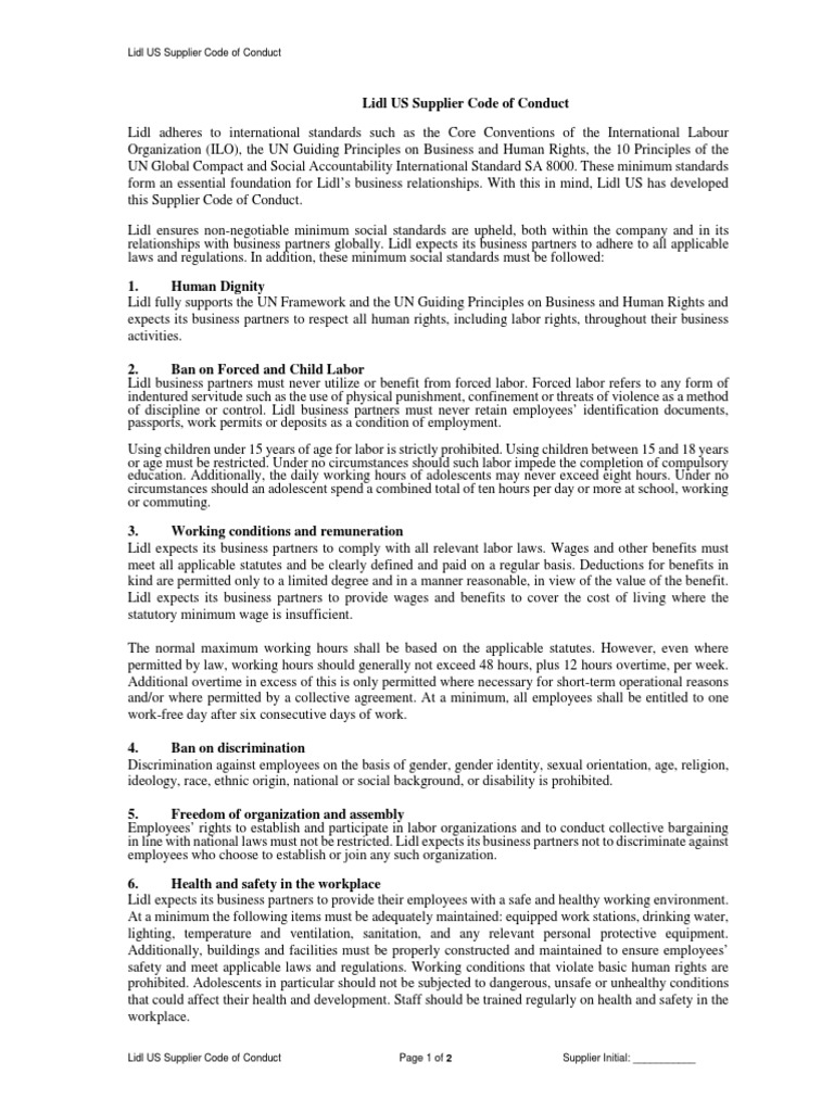 Lidl US Supplier Code of Conduct: Establishing Minimum Social and ...