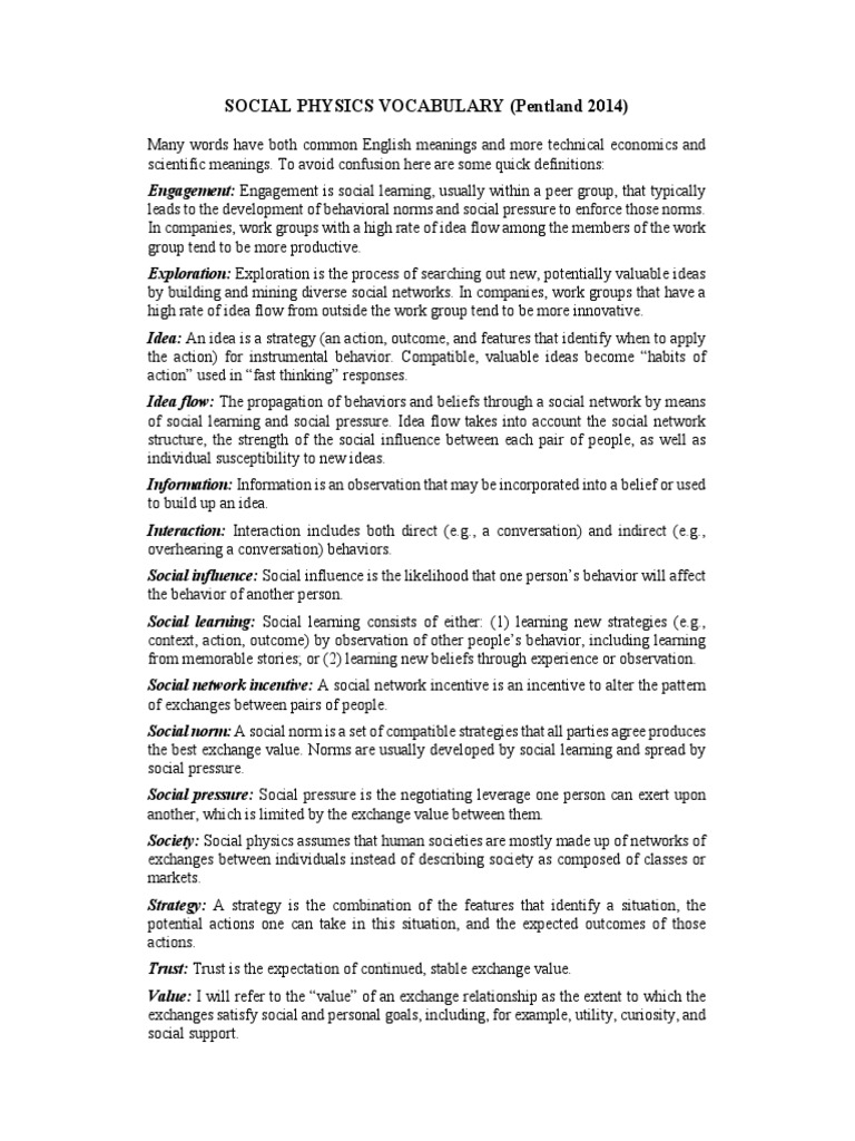 Social Physics Vocabulary (Pentland 2014) | PDF | Behavior | Social Network