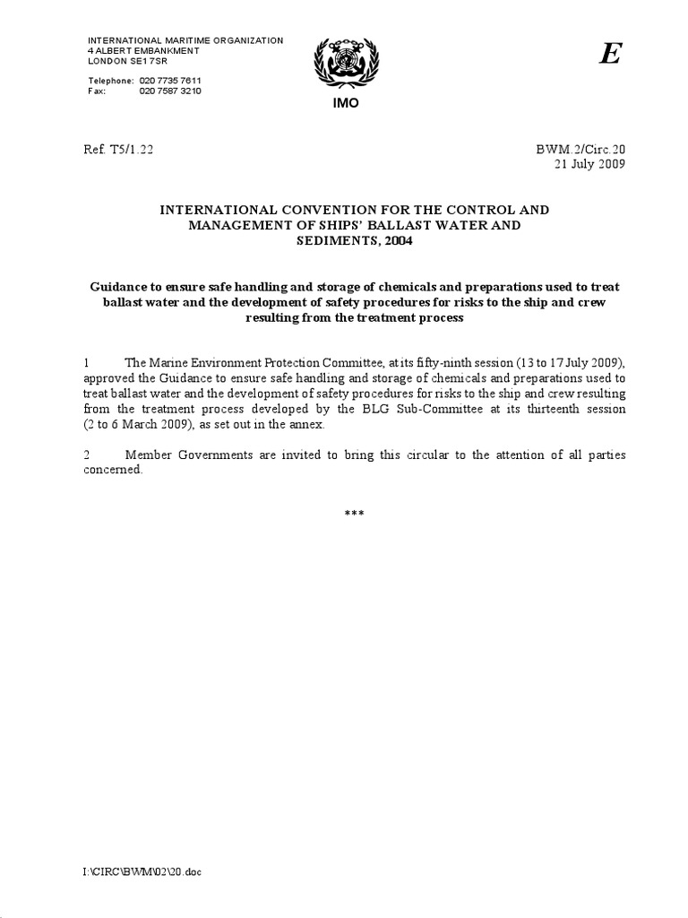 IMO Circular, BWM.2-Circ.20 - Guidance To Ensure Safe Handling and ...