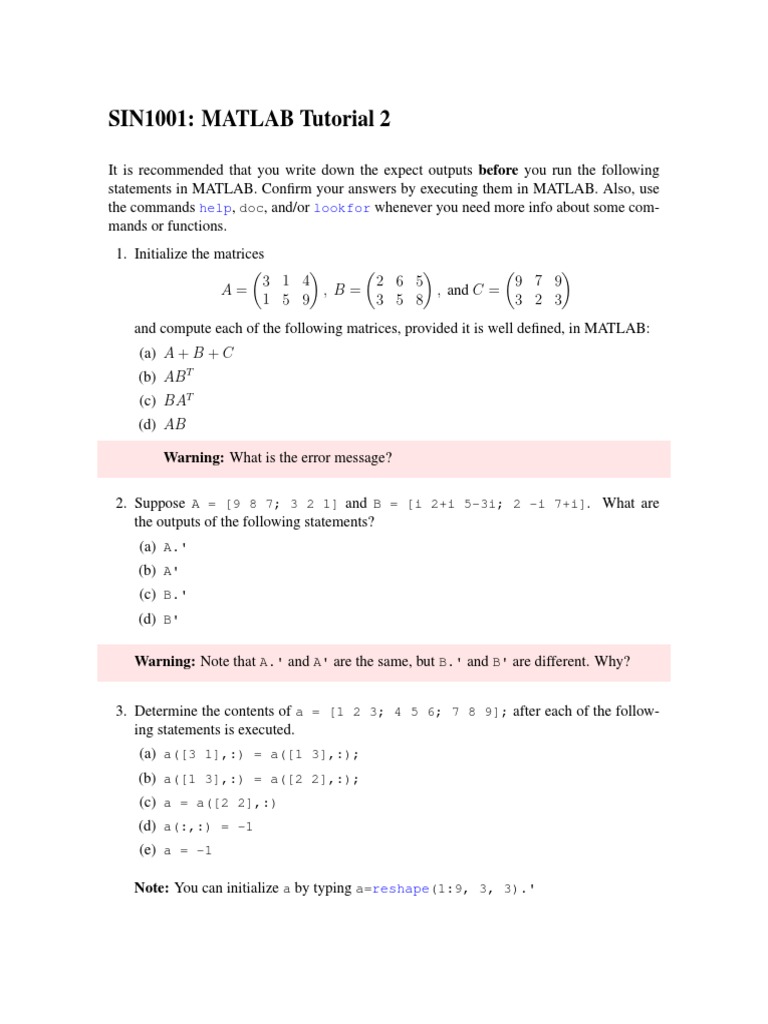 SIN1001: MATLAB Tutorial 2: Help Lookfor | PDF | System Of Linear Equations | Matrix (Mathematics)