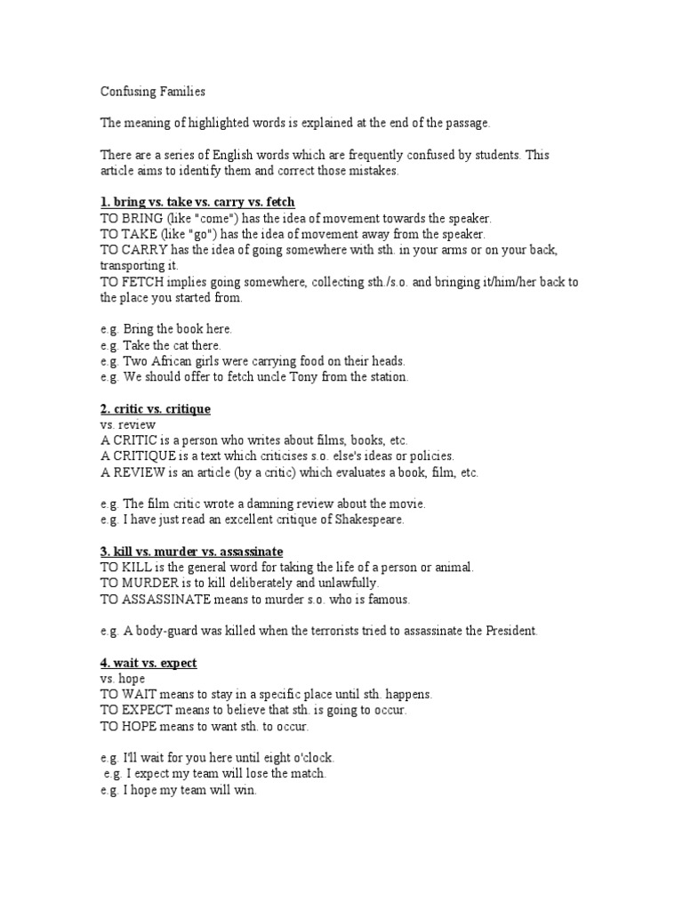 Bring vs. Take vs. Carry vs. Fetch | PDF