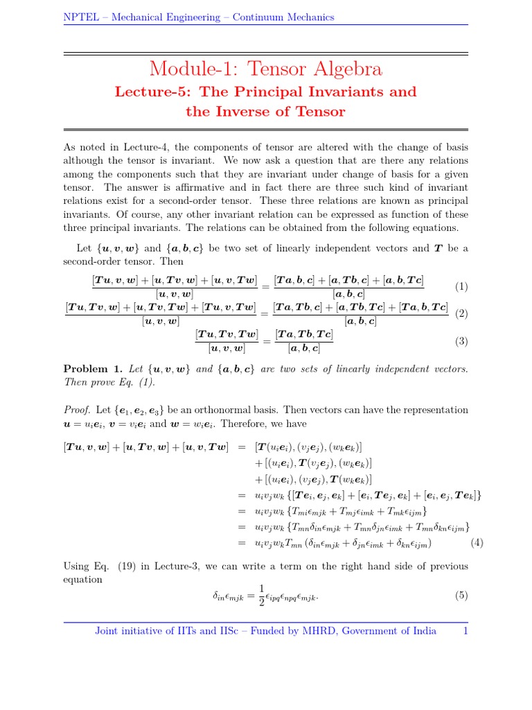 Module-1: Tensor Algebra: Lecture-5: The Principal Invariants and The Inverse of Tensor | PDF ...