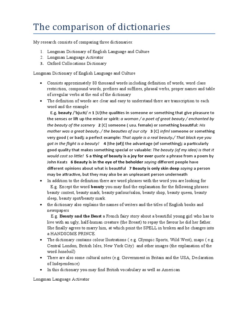 The Comparison of Dictionaries | PDF | Word | Noun