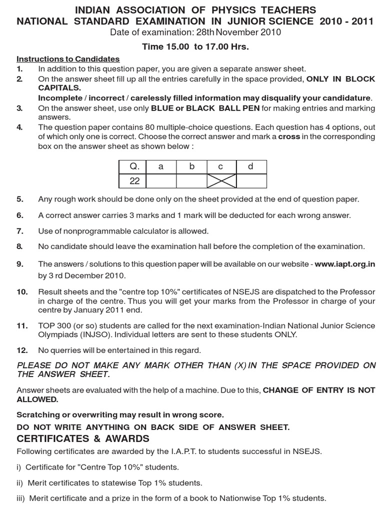 NSEJS 2010 Question Paper | PDF | Multiple Choice | Test (Assessment)