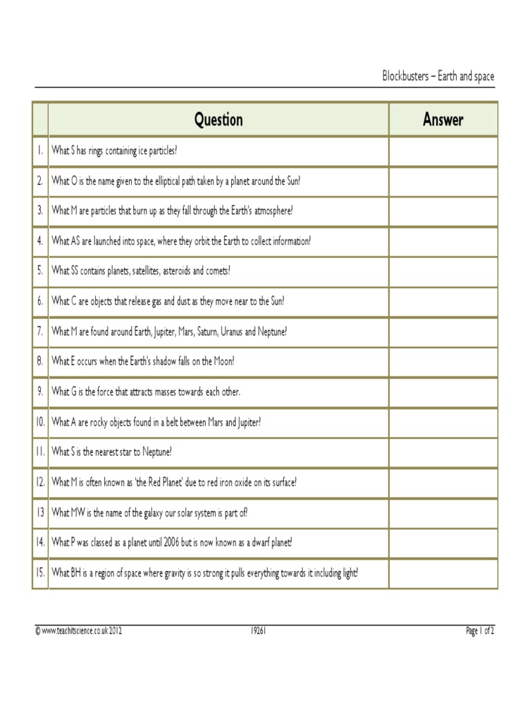 Earth and Space Quiz | PDF | Natural Satellite | Planets