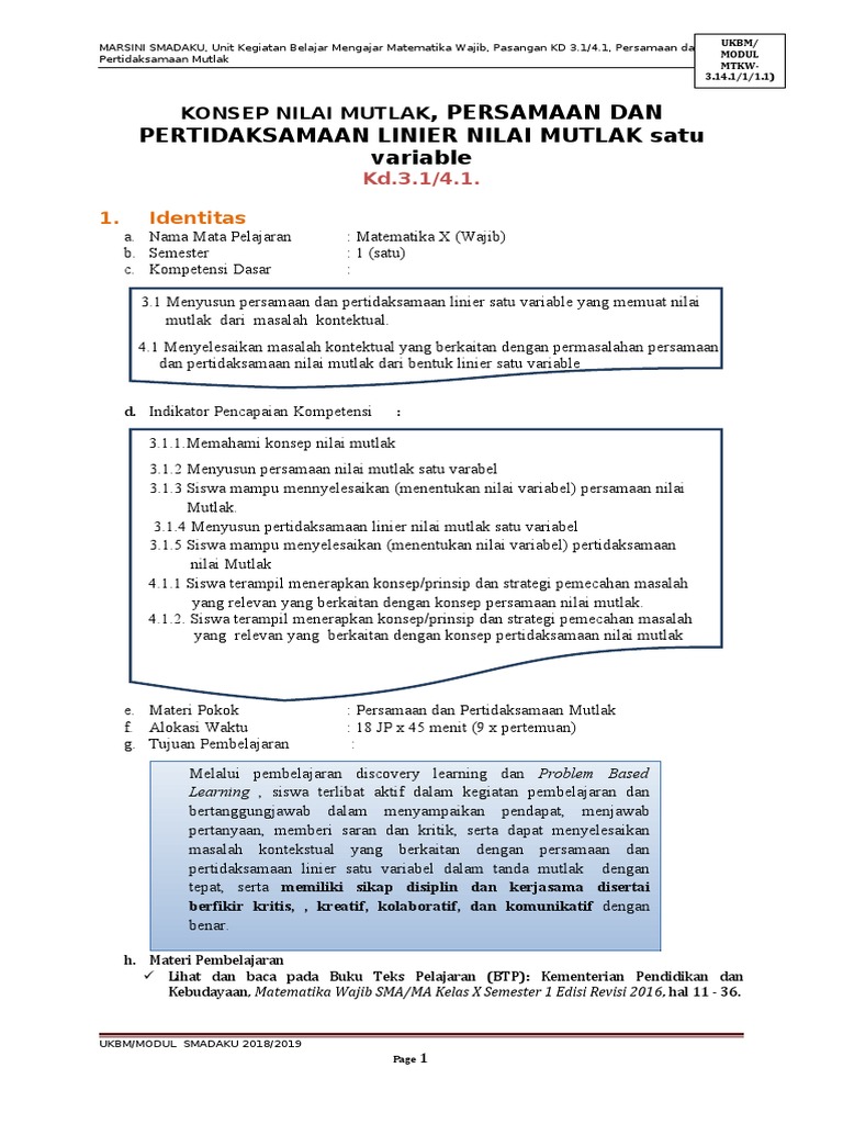 Modul 1 PL Dan PTL Satu Variabel Nilai Mutlak | PDF