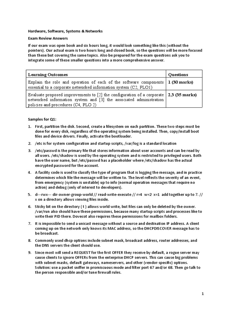 Learning Outcomes Questions 1 (30 Marks) 2,3 (35 Marks) : Hardware ...