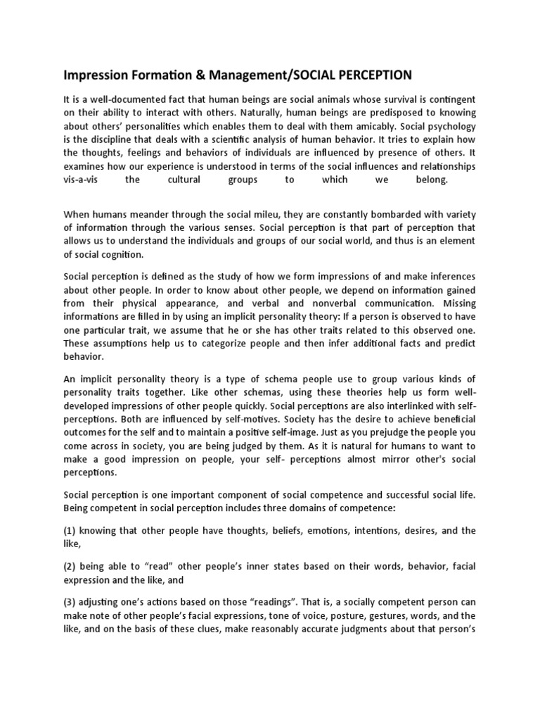 Impression Formation & Management/SOCIAL PERCEPTION | PDF | Nonverbal ...