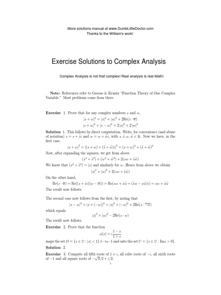 Exercise Solutions To Complex Analysis: Thanks To The William's Work ... Exercise Solutions To Complex Analysis: Thanks To The William's Work ...