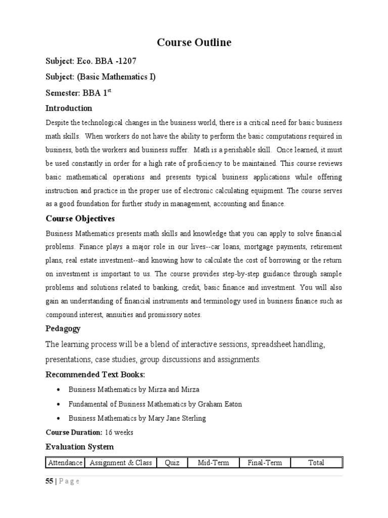 Course Outline: Subject: Eco. BBA - 1207 Subject: (Basic Mathematics I) Semester: BBA 1 | PDF ...