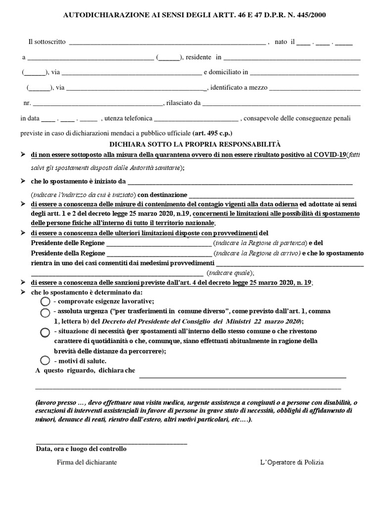 Nuovo Modello Autodichiarazione 26.03.2020 Editabile PDF | PDF