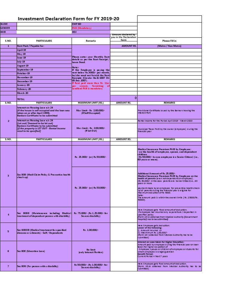 Investment Declaration Form For FY 2019-20: PAN (Mandatory) | PDF | Service Industries | Payments