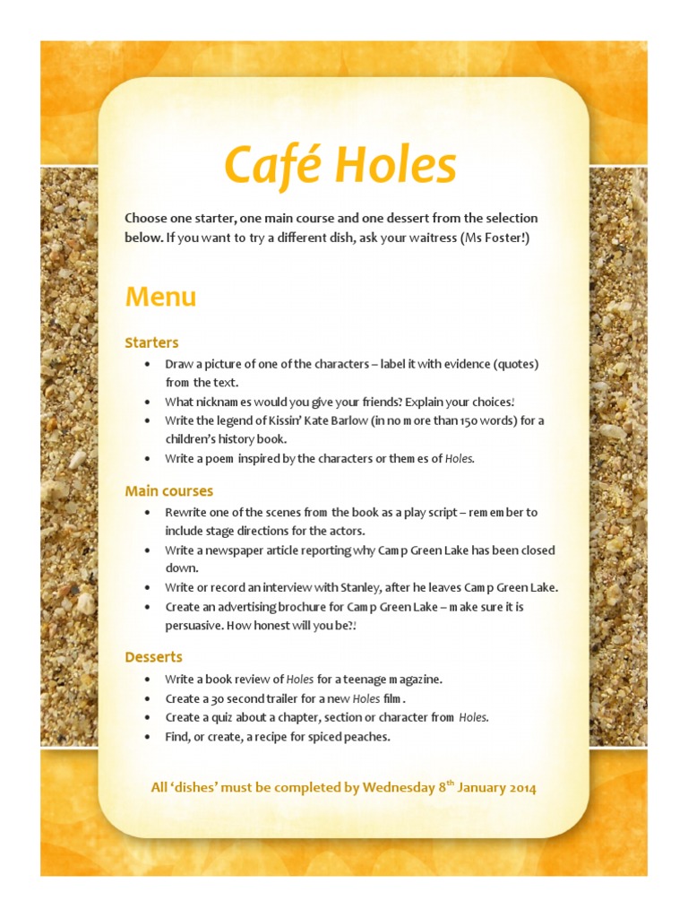 Holes Homework Menu | PDF