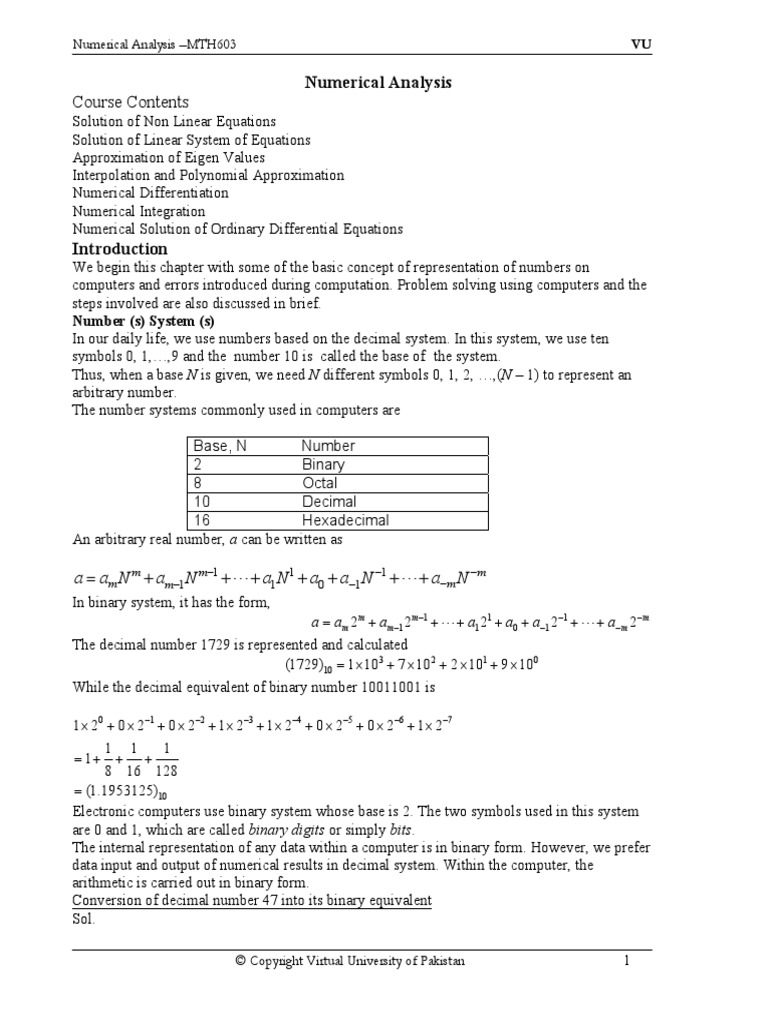 Numerical Analysis - MTH603 Handouts Lecture 1 | PDF | Decimal | Numerical Analysis