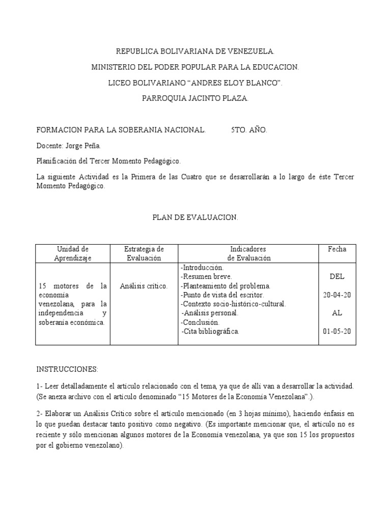 Plan De Evaluación De F S N 5to Año Pdf Venezuela Evaluación