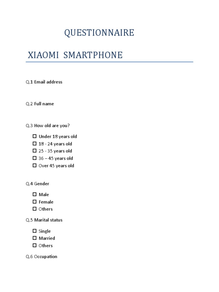 Questionnaire Xiaomi Smartphone | PDF